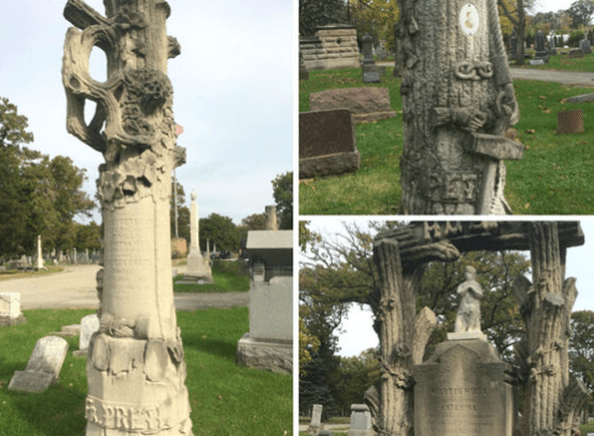 What does the tree trunk headstone mean?